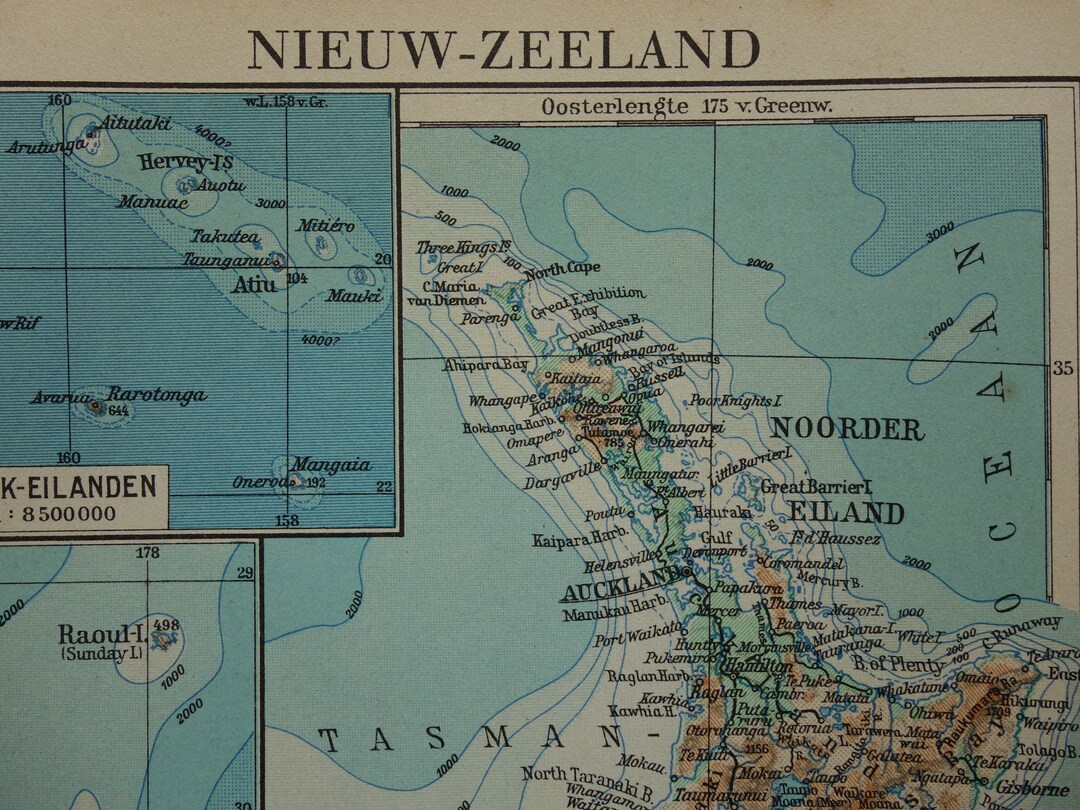 Old Vintage Map of New-zealand in 1937 Colorful Dutch Retro Print ...