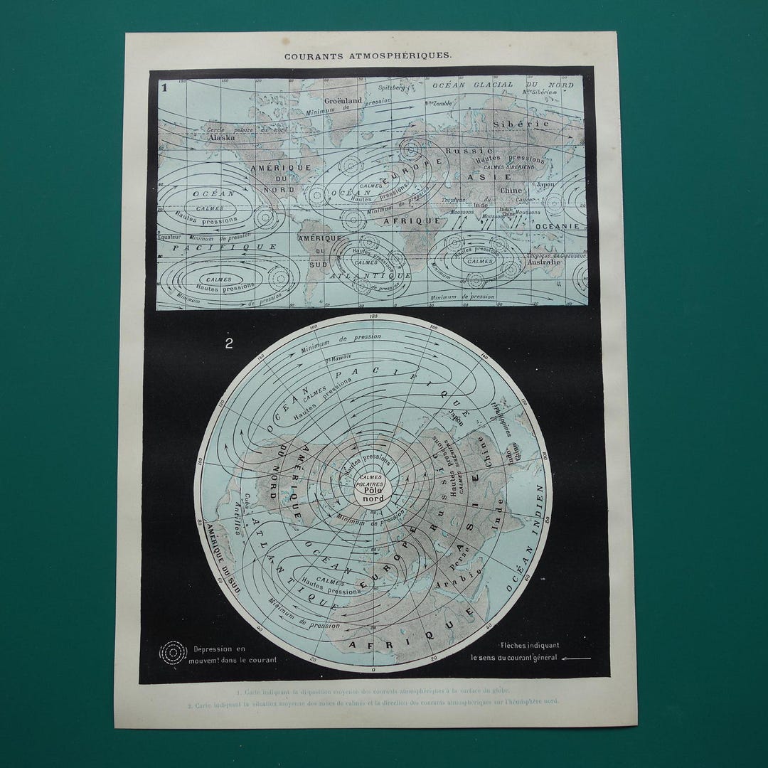 1902 Antique French Climate Print Pictures World Map of Sea Ocean ...