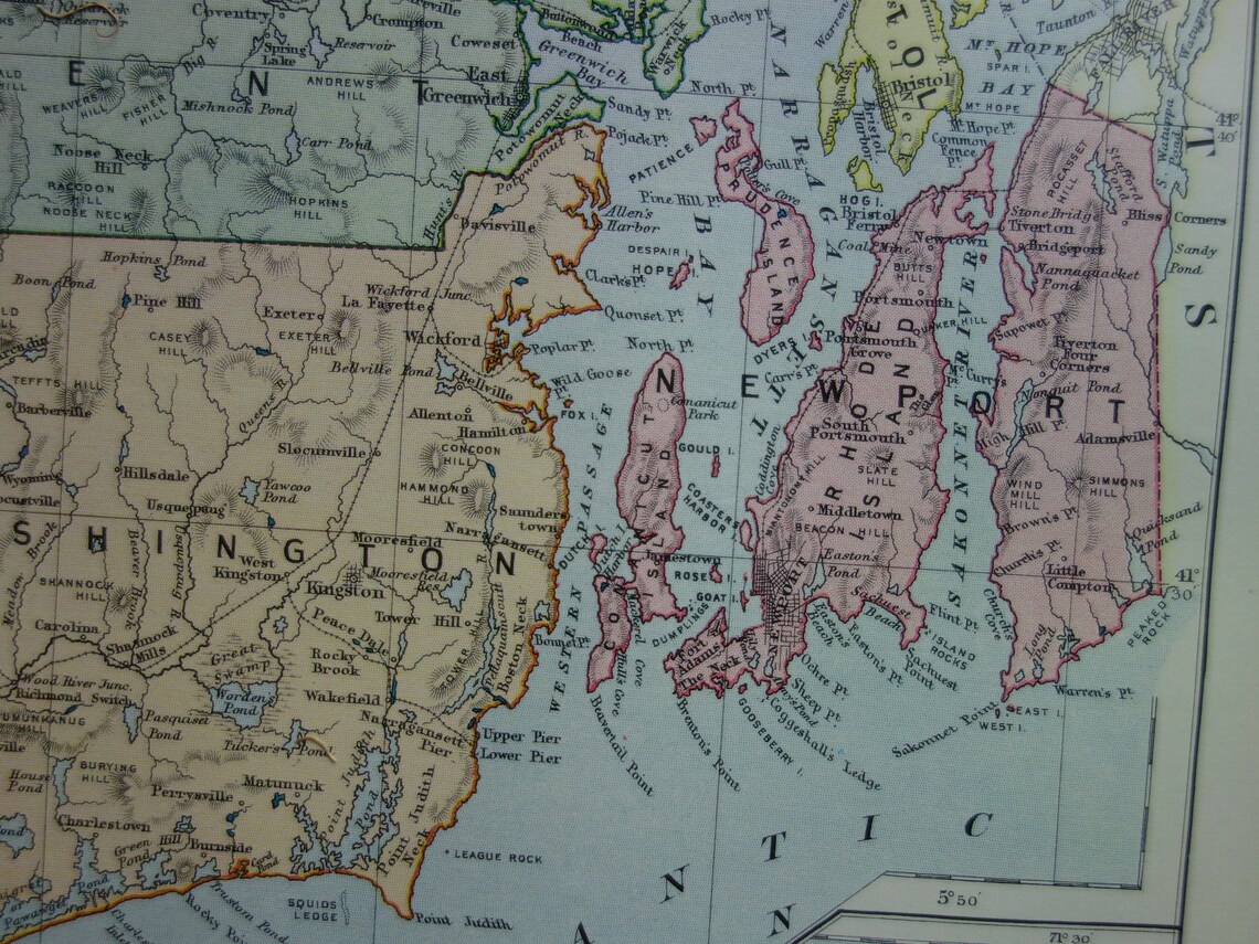 RHODE ISLAND Map 1886 Original Antique Old Print Poster of - Etsy