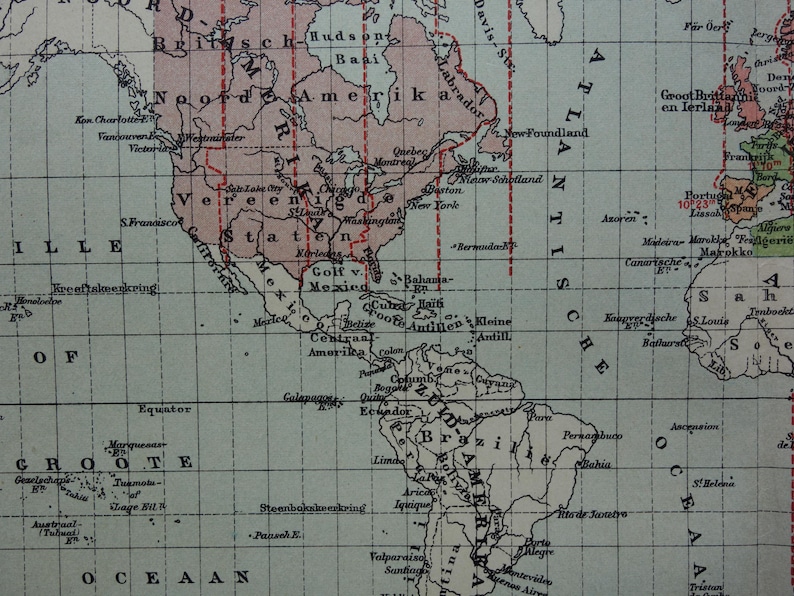 World Time Zone Map Vintage Map of the World 1907 Original Old Dutch ...