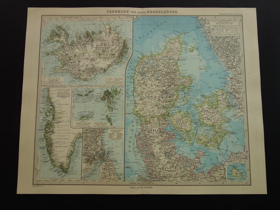 DENMARK Old Map of Denmark LARGE Original 1890 Hand-colored - Etsy