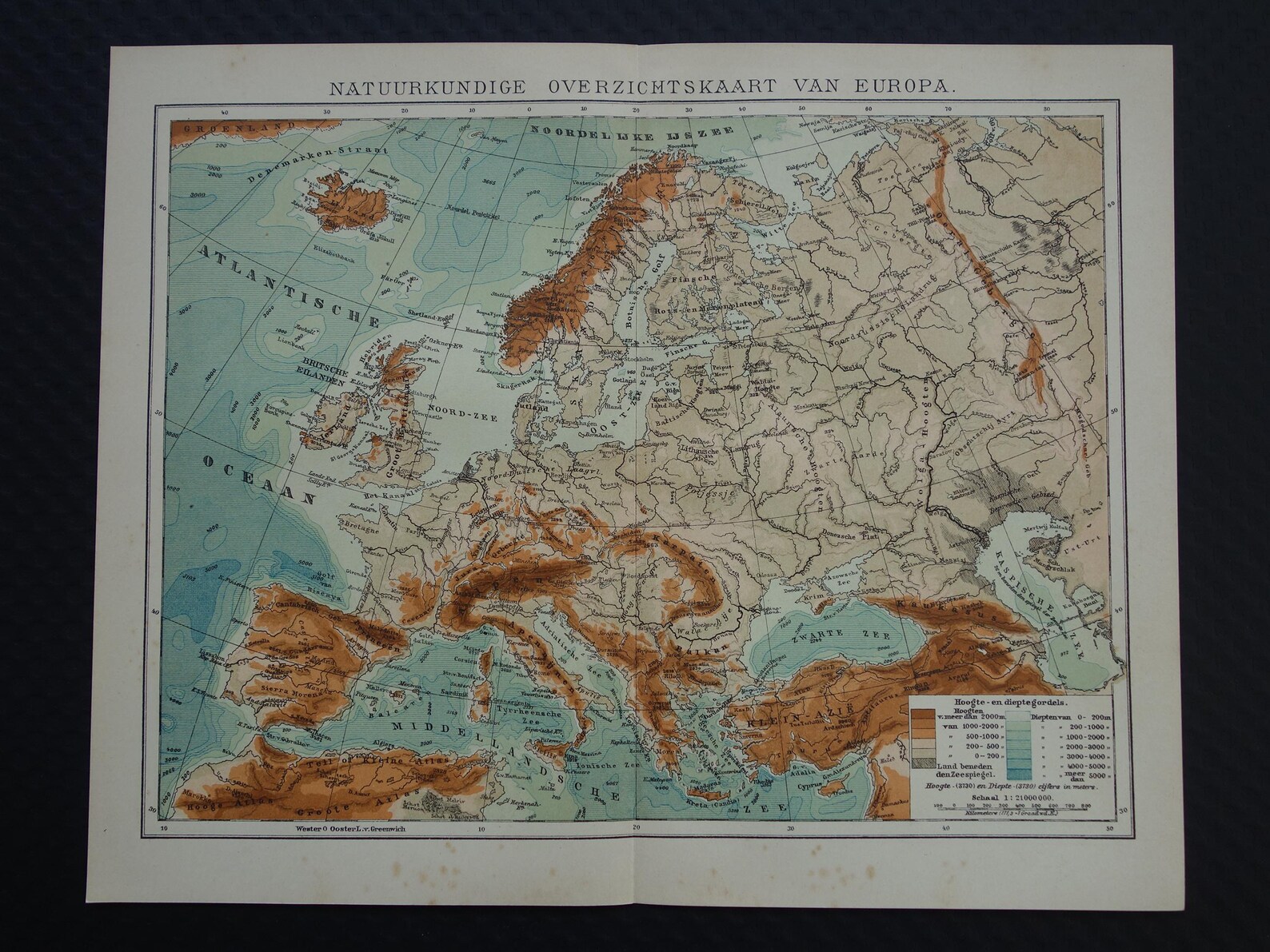 Old Map of Europe 1907 Original Antique Dutch Print About Altitude ...