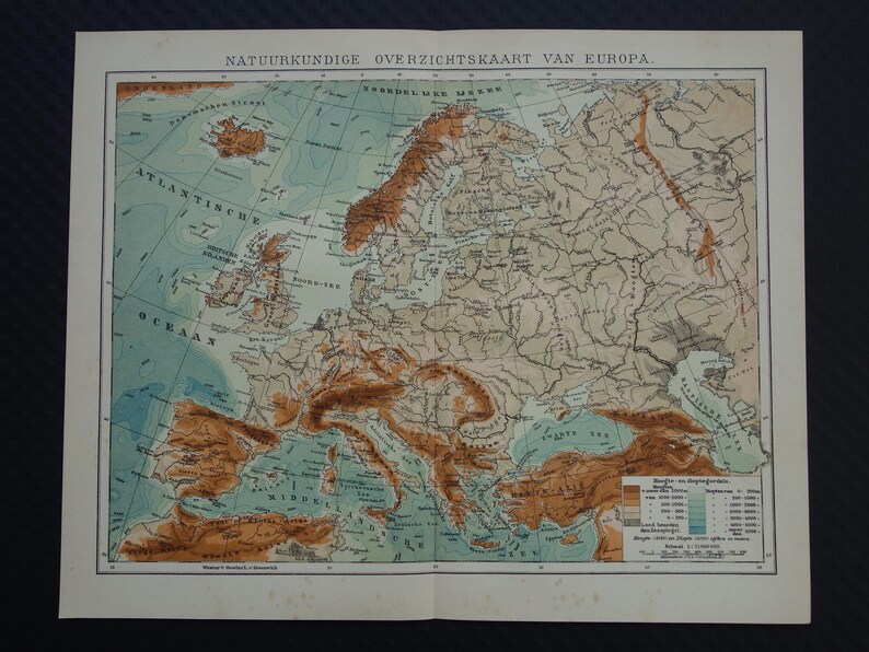 Old Map of Europe 1907 Original Antique Dutch Print About Altitude ...