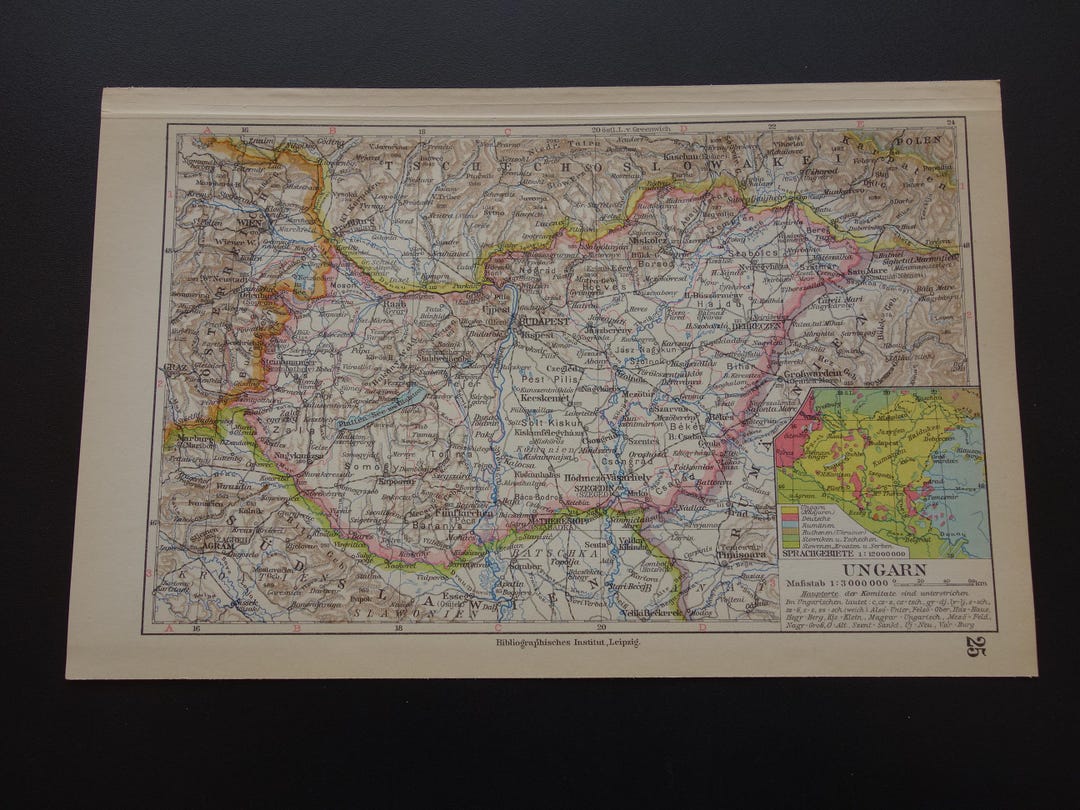 HUNGARY Old Map of Hungary 1928 Original Vintage Print Budapest Debrecen Pecs Area With ...