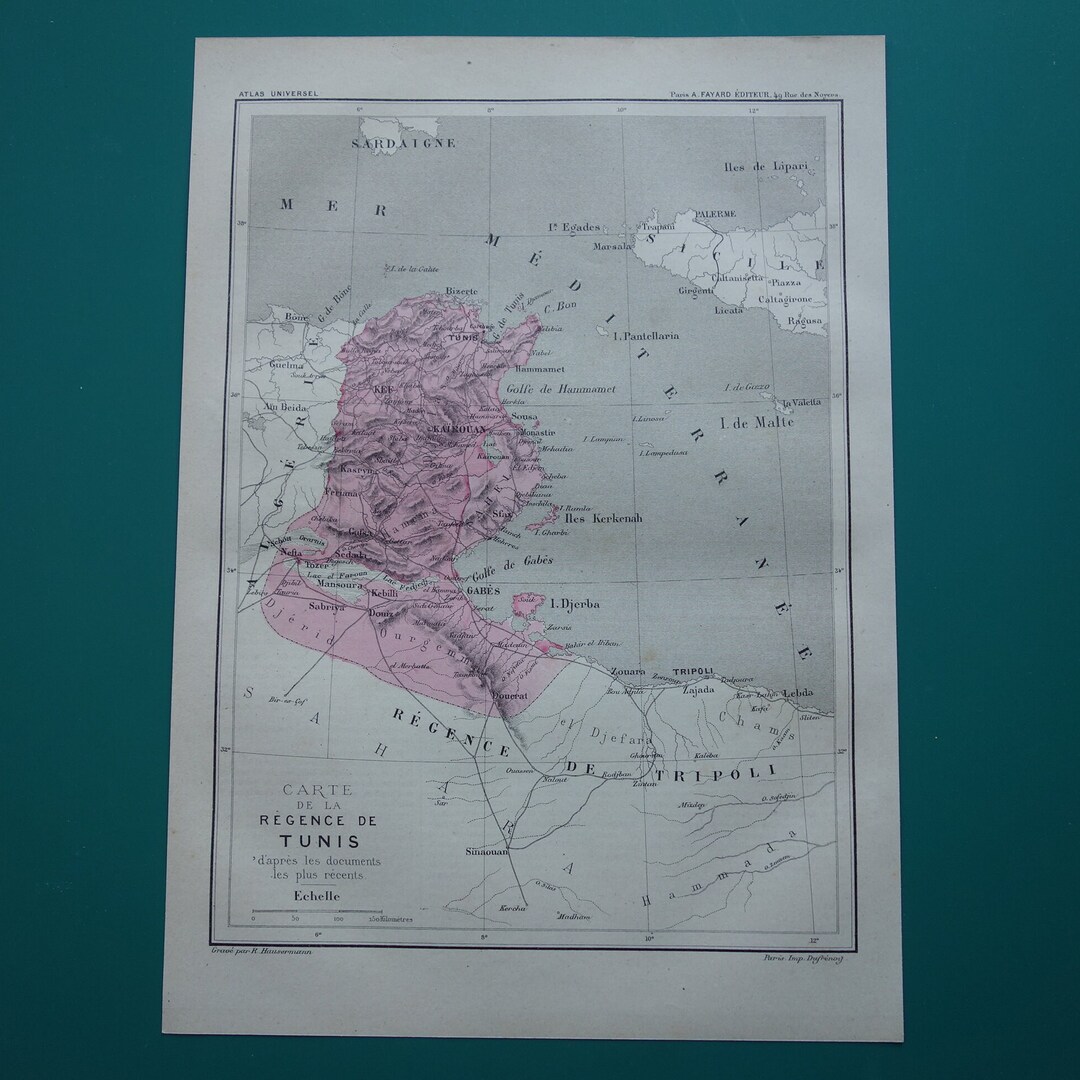 Old Map of Tunisia 1877 Antique French Hand-colored Print Area Tunis ...