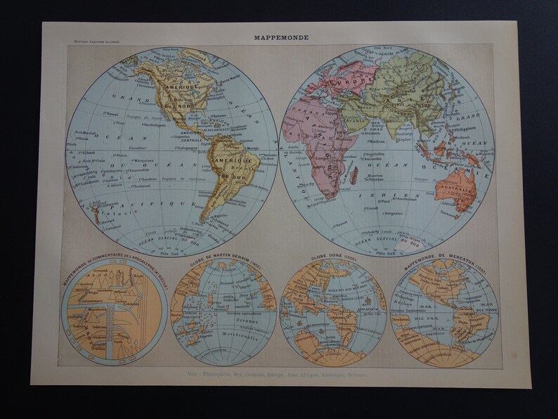 Old world map 1902 original antique French double hemisphere | Etsy