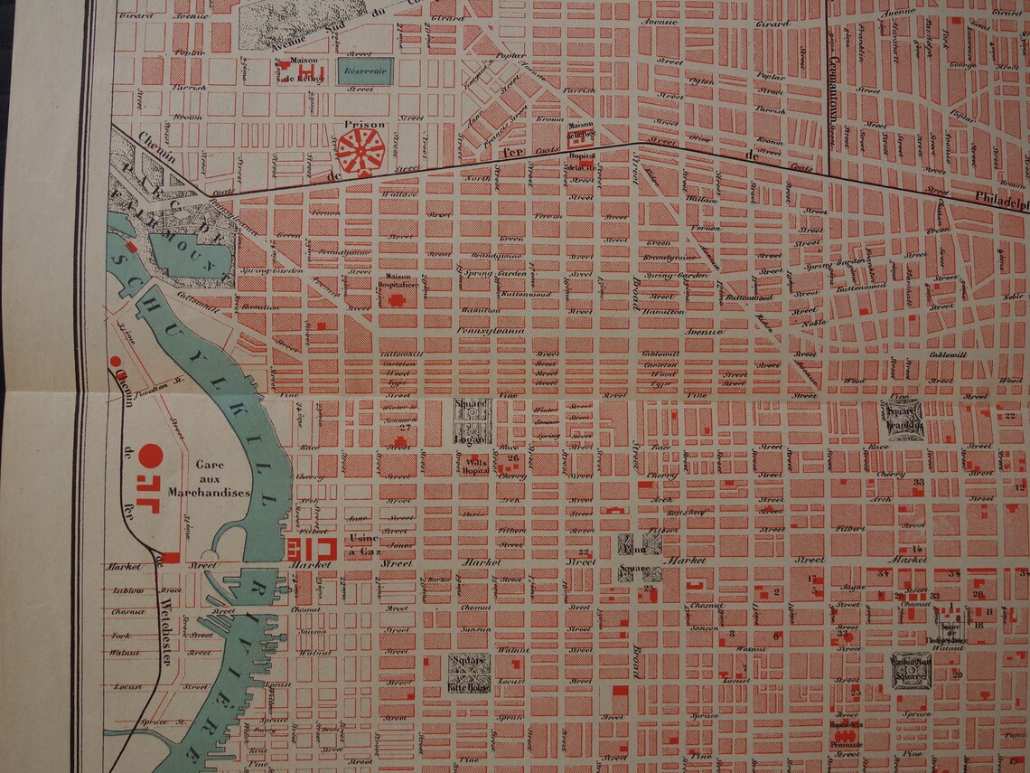 Old Map of Philadelphia US 1877 Original Large Antique French City Plan ...
