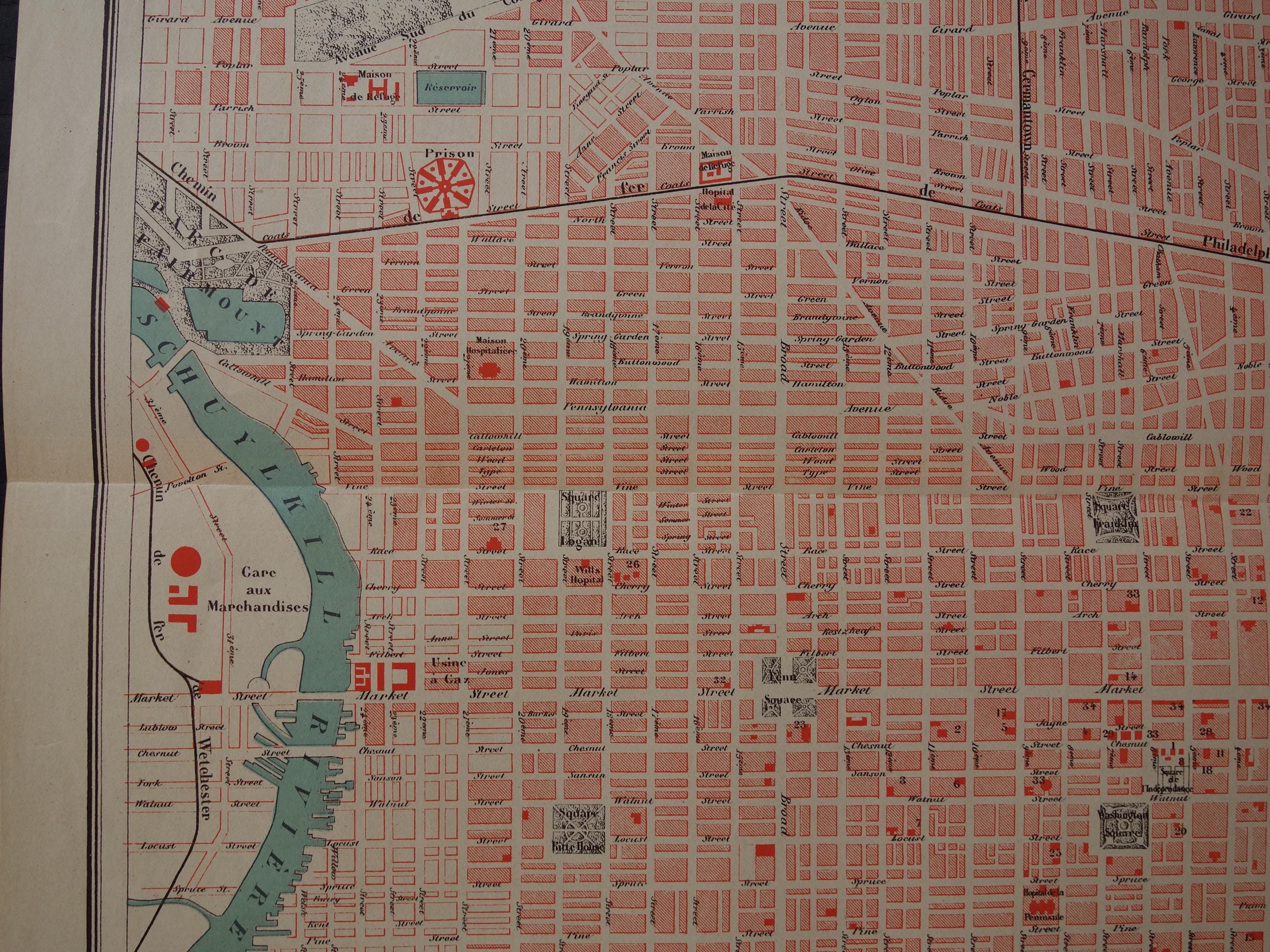 Old Map of Philadelphia US 1877 Original Large Antique French City Plan ...