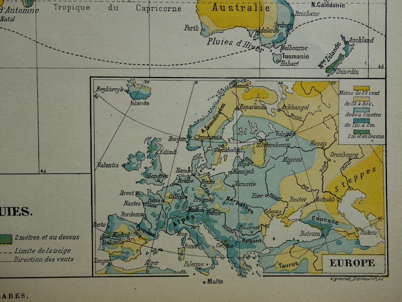 Old weather map 1902 original antique French worldmap about | Etsy