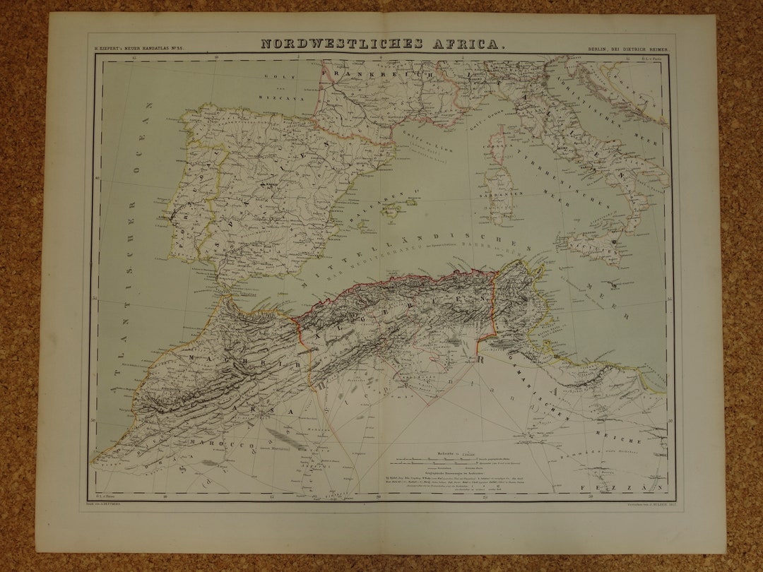 1857 MOROCCO Old Map of Algeria Spain Corsica Sardinia LARGE Hand ...