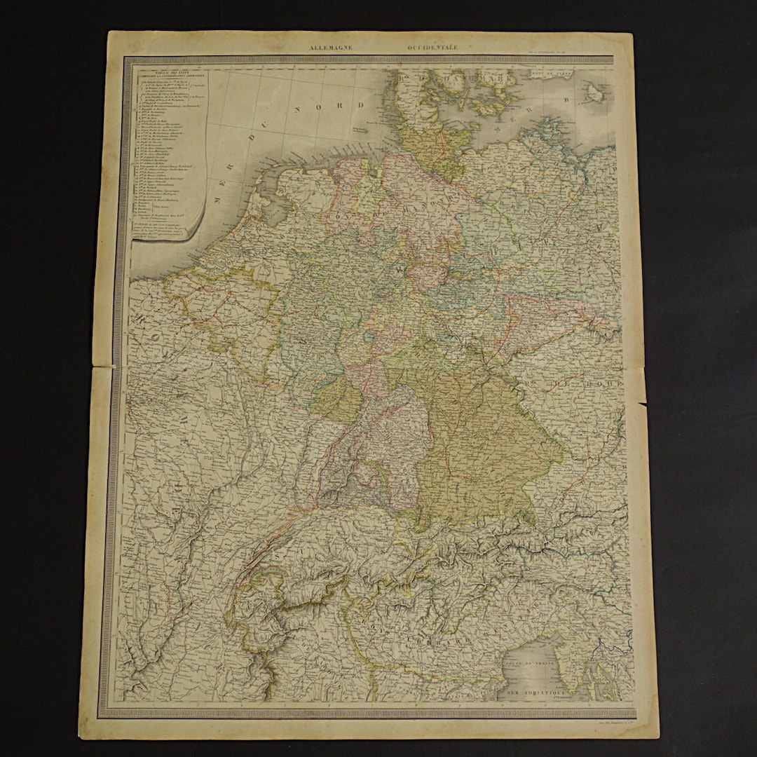 GERMANY Antique Map 1843 LARGE Hand-colored Old Poster About German ...