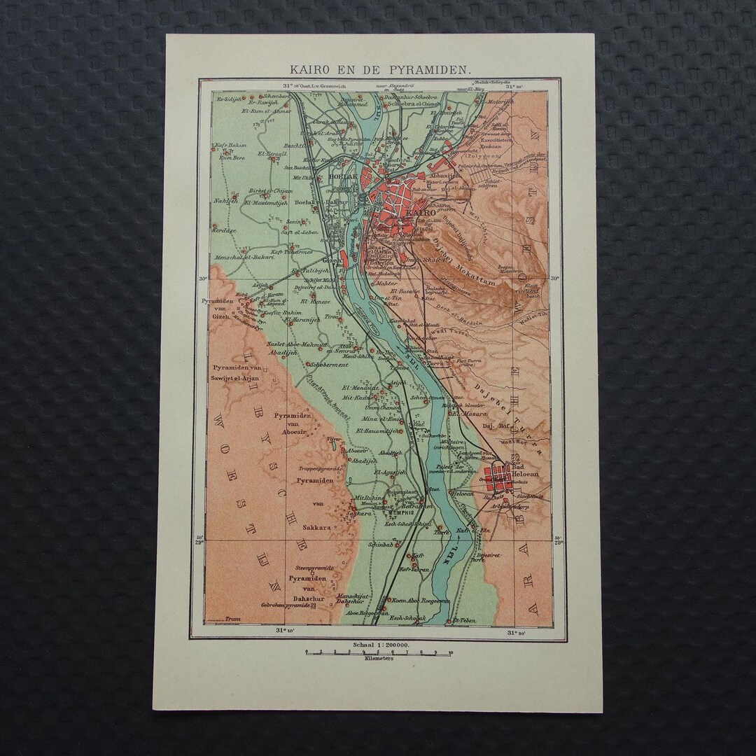 Antique Map of Cairo and Pyramids Egypt 1909 Original Dutch Old Print ...