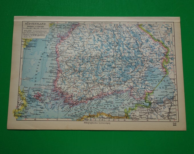 Old Map of Finland Original 1928 Antique Print About Helsinki Turku Åbo ...