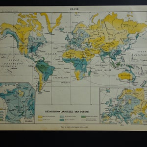 Old Weather Map 1902 Original Antique French Worldmap About Rain ...