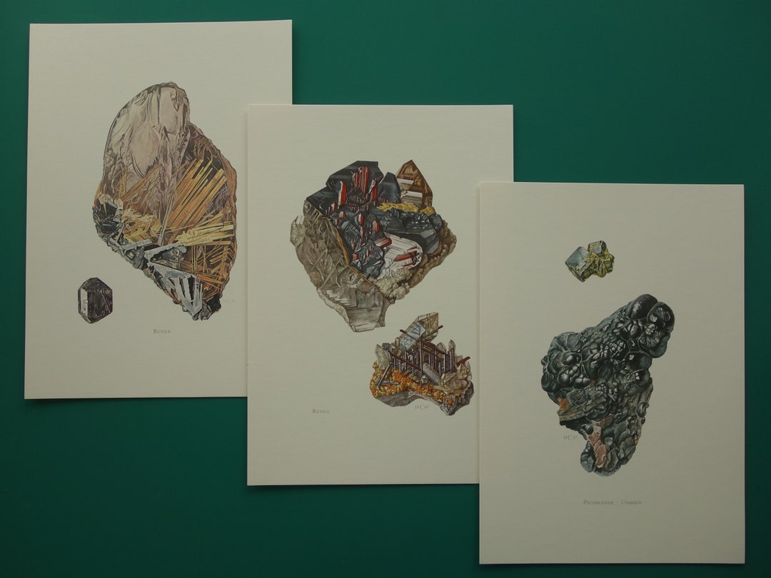 Old Mineral Prints - Vintage Print Set of 3 Matching Plates - Stone ...