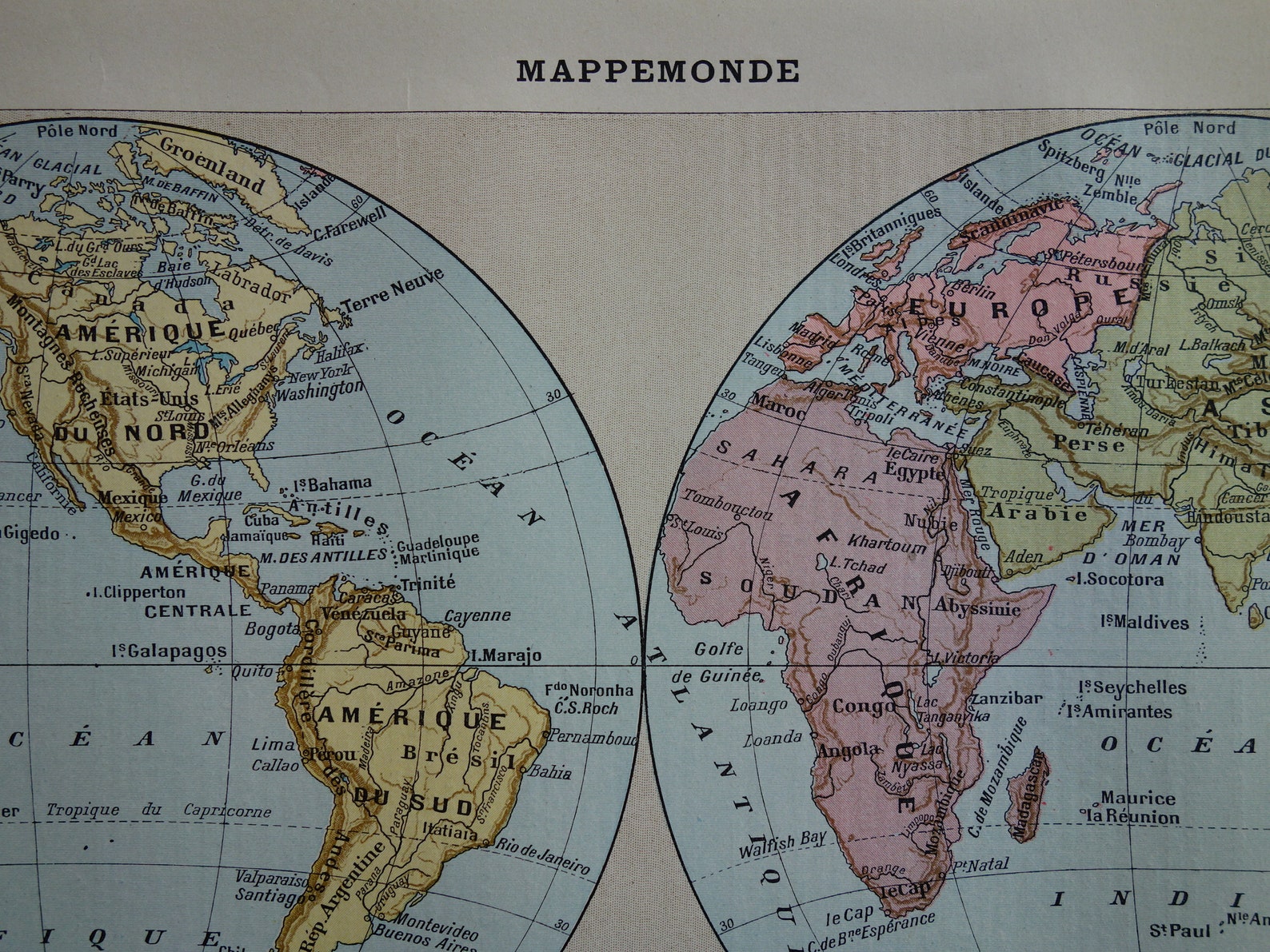 Old world map 1902 original antique French double hemisphere | Etsy