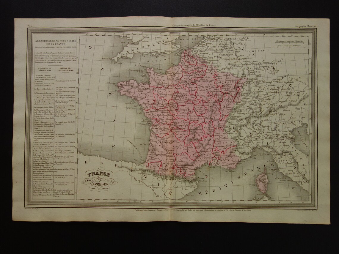 Antique Map of France Original 1838 Old Hand-colored Print - Etsy