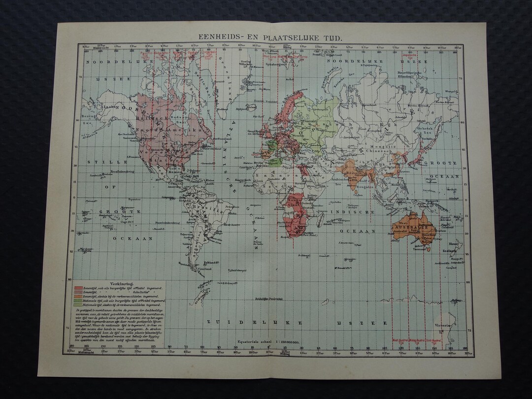 World Time Zone Map Vintage Map of the World 1907 Original Old Dutch ...