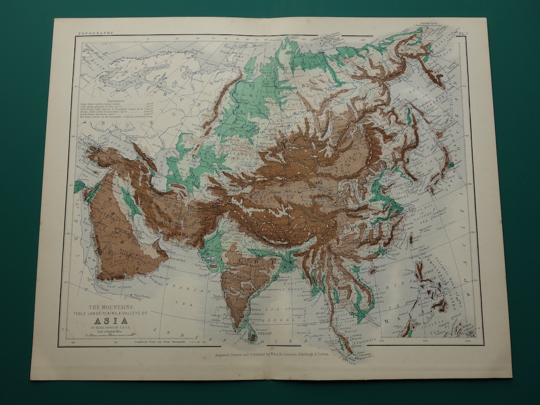 ASIA Antique Map of Asia Old English Print About Asian Continent ...