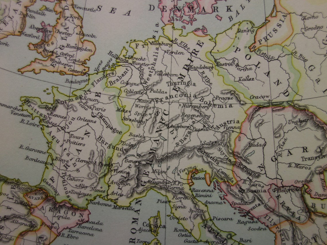 Original 1879 Old History Map of Europe Antique Print Europa - Etsy