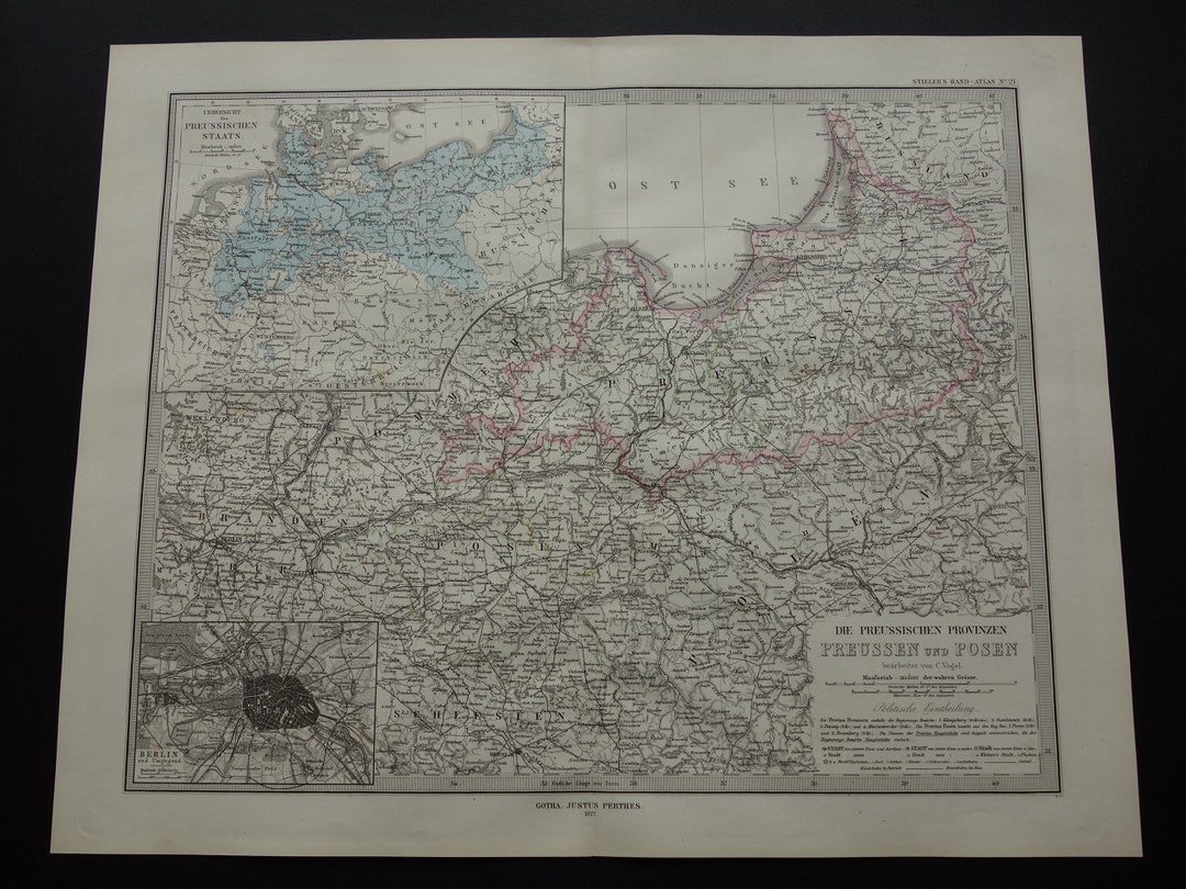 POLAND Old Map 1877 Antique Hand-colored Print Poster of Prussia Posen ...