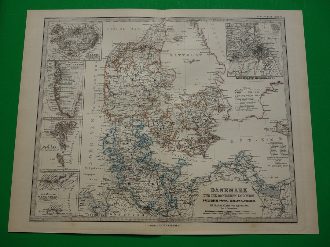 DENMARK Old Map of Denmark LARGE Original 1885 Hand-colored - Etsy