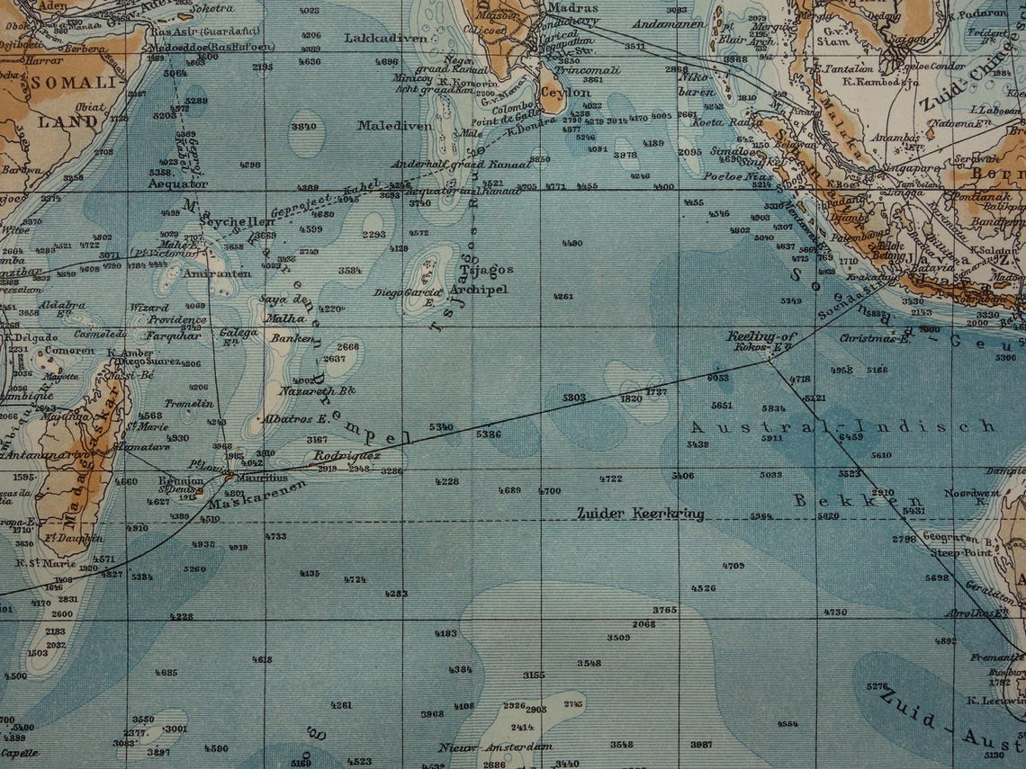 Old Sea Map of Indian Ocean 1918 Original Dutch Antique Chart About ...