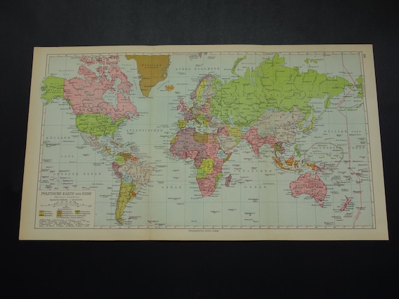 Old world map 1928 original vintage print of worldmap | Etsy