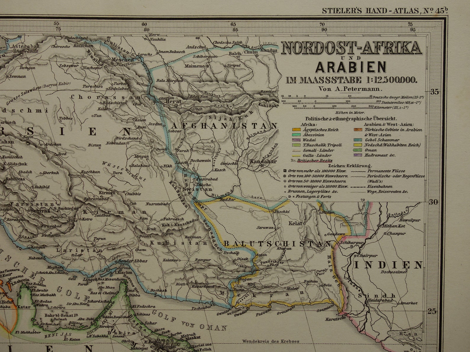 Large 1875 Map of Saudi Arabia Beautiful Original Hand-colored Old ...