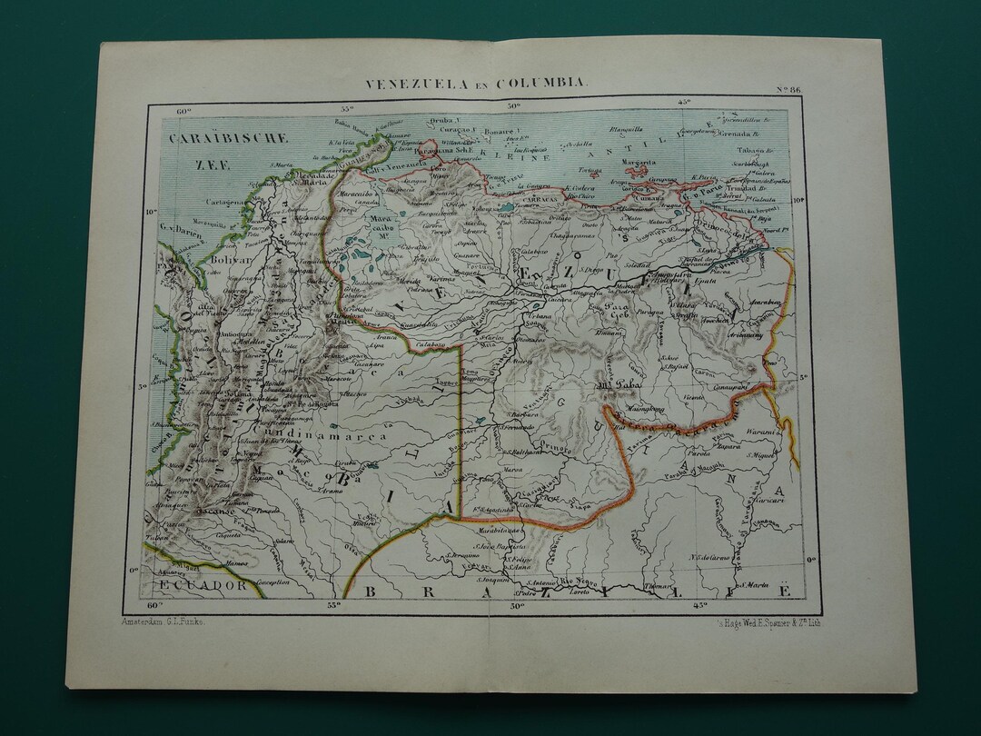 VENEZUELA Old Map of Venezuela and Colombia 1882 Original Antique Dutch ...