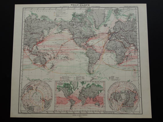 WORLD MAP antique worldmap Beautiful original 1875 transport | Etsy