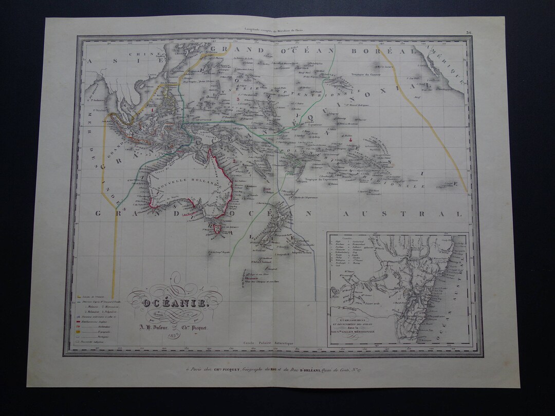 OCEANIA Old Map of Australia Polynesia Original Antique Hand-colored ...