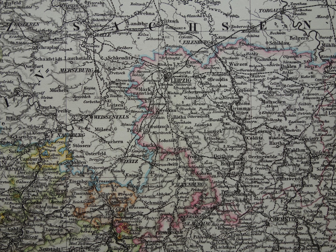 Antique Map of Saxony Thuringia Germany Beautiful 1878 Old Hand-colored ...