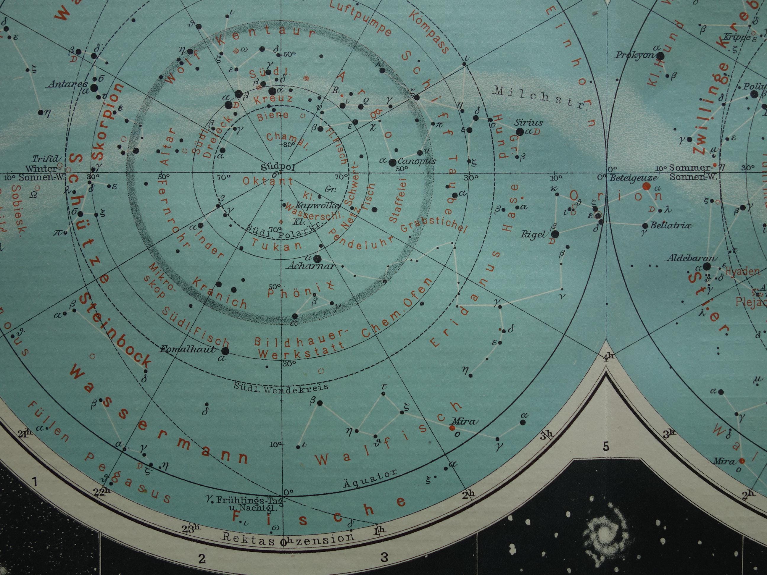 Star Chart and Pictures of Constellations 1921 Antique Print of the Sky ...