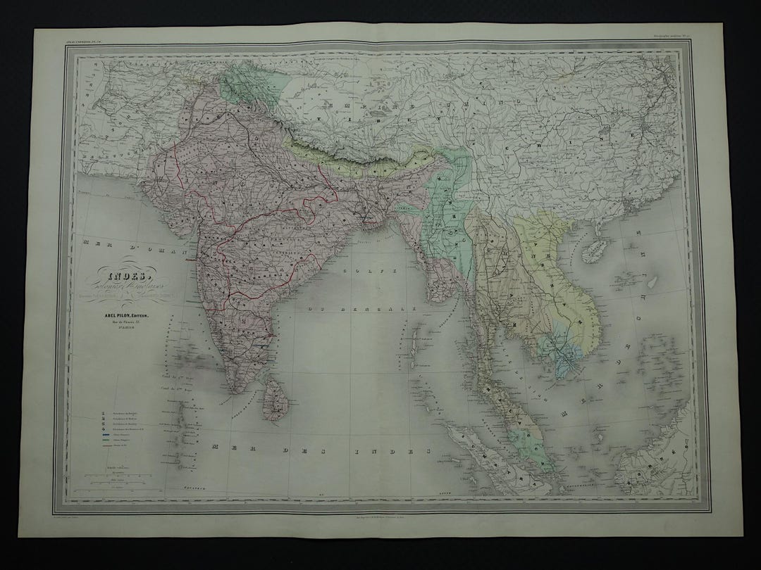 INDIA Old Map LARGE 1880 Original Antique Poster of Indochina British ...