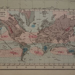 Large Old World Map About Winds and Climate Big Dated Print With Air ...