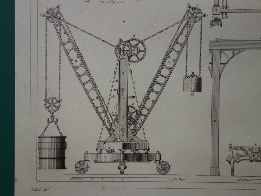Old Technical Print of Lifting Crane Original 1849 Antique Illustration ...