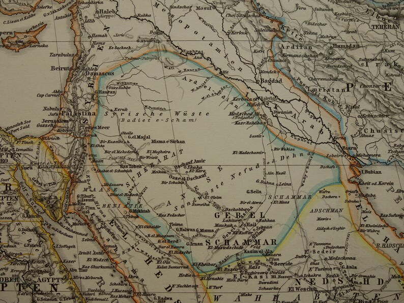 Large 1875 Map of Saudi Arabia Beautiful Original Hand-colored Old ...