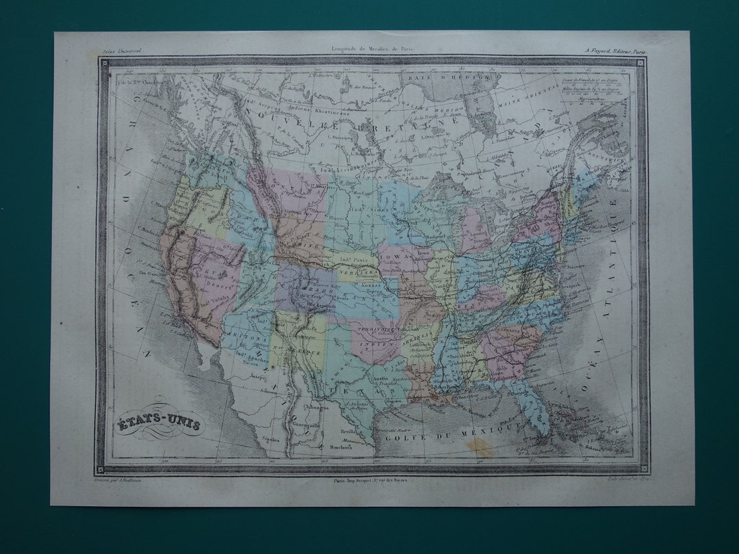 UNITED STATES Map 145+ Years Old French Hand Coloured Print of the USA ...