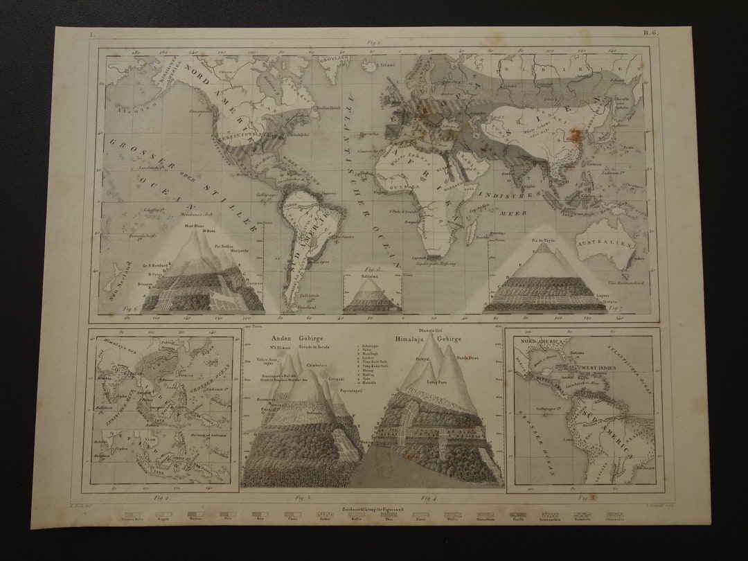1849 Original Antique World Map Old Worldmap About Crops Illustrated ...