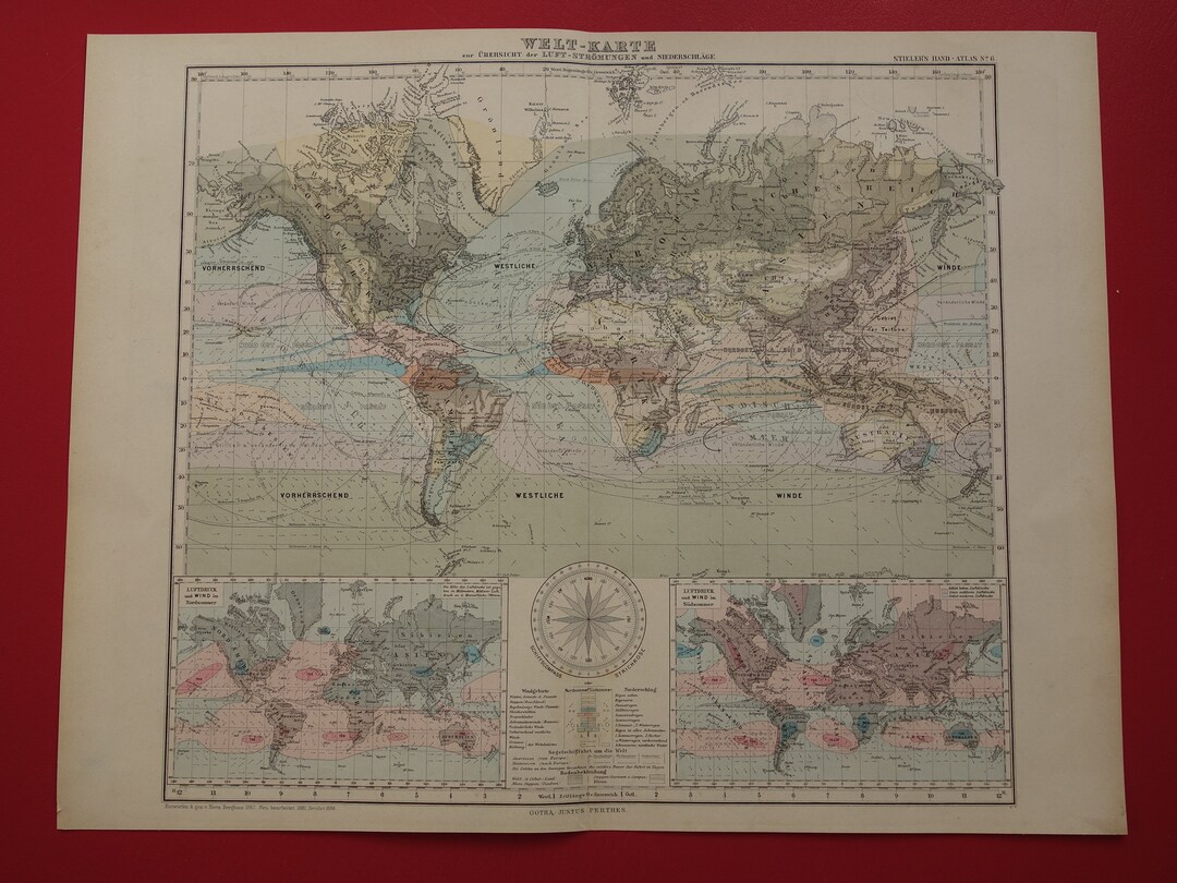 Old World Map About Winds and Climate Dated Print With Air Currents ...