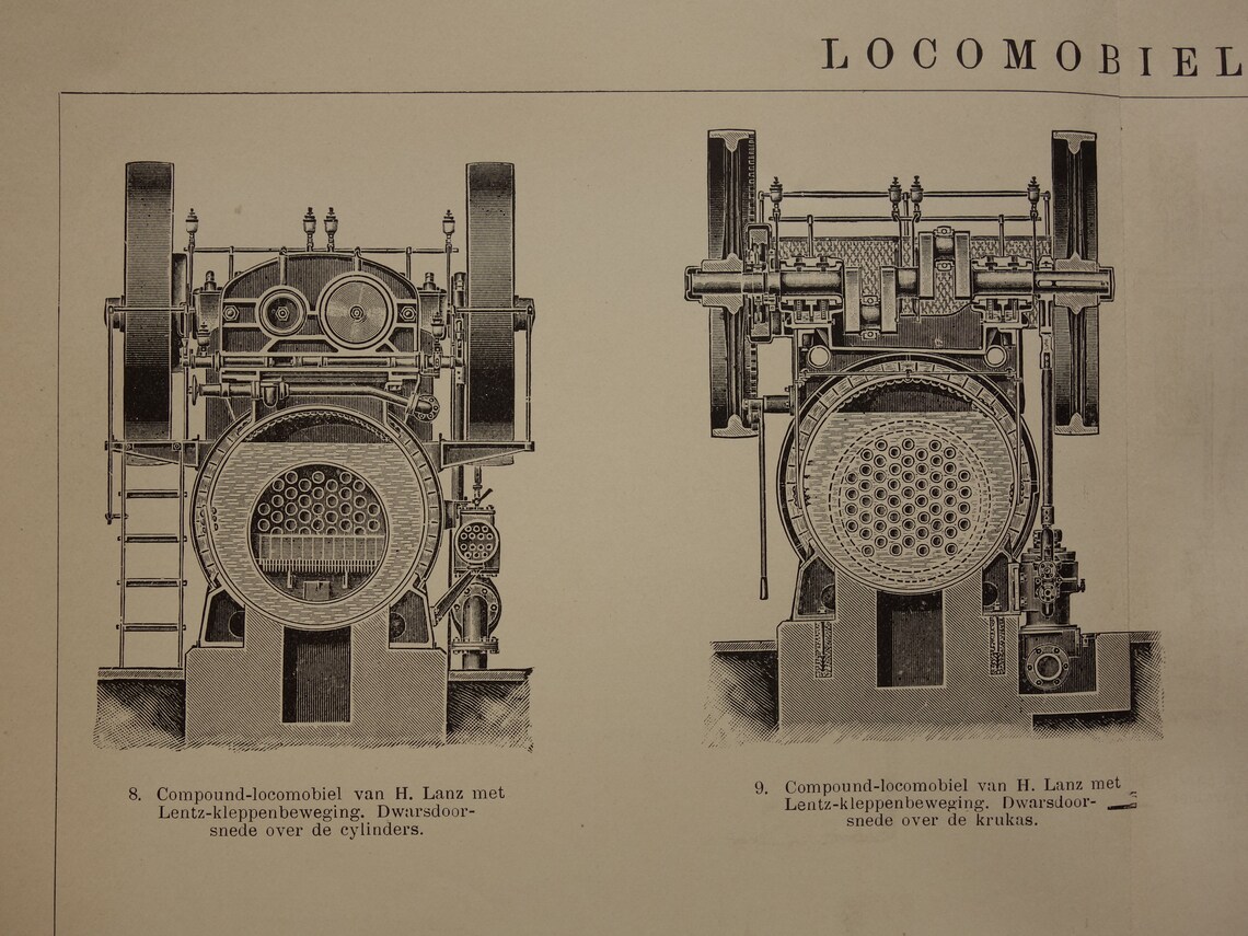 PORTABLE ENGINE Print Original 1909 Antique Dutch Set of Two 2 Prints ...