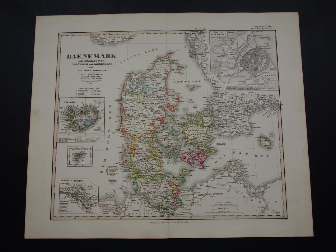 DENMARK Old Map of Denmark LARGE Original 1860 Hand-colored Print About ...