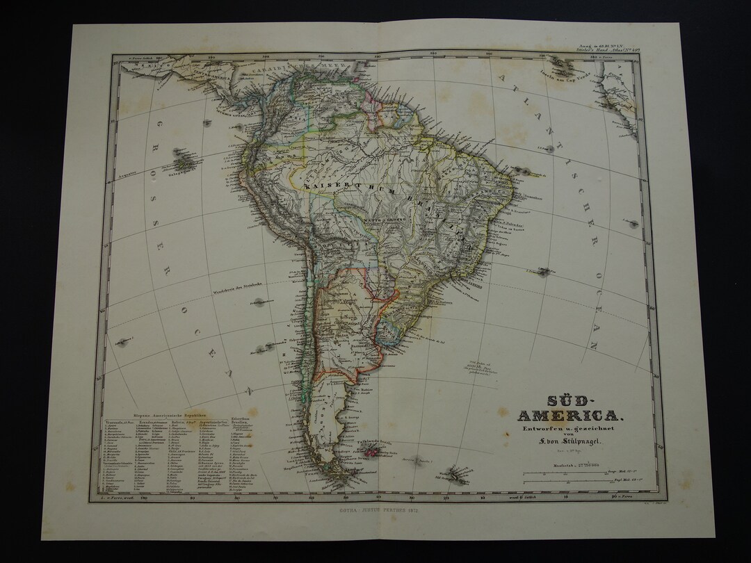 Antique Map of South America 1872 Original Large Hand-colored Map of ...