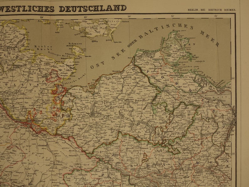 Large Old Map of Northern Germany Original 1860 Antique Print - Etsy