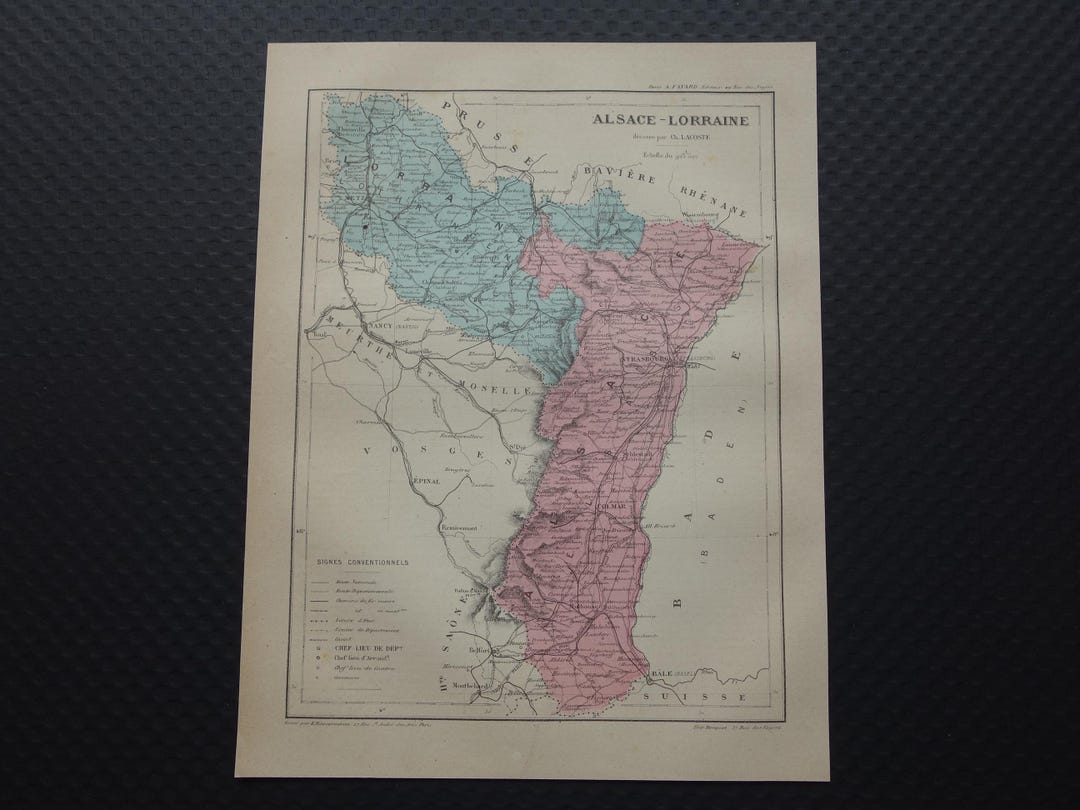 Original 1877 Old Map of Alsace Lorraine Antique French Print About ...