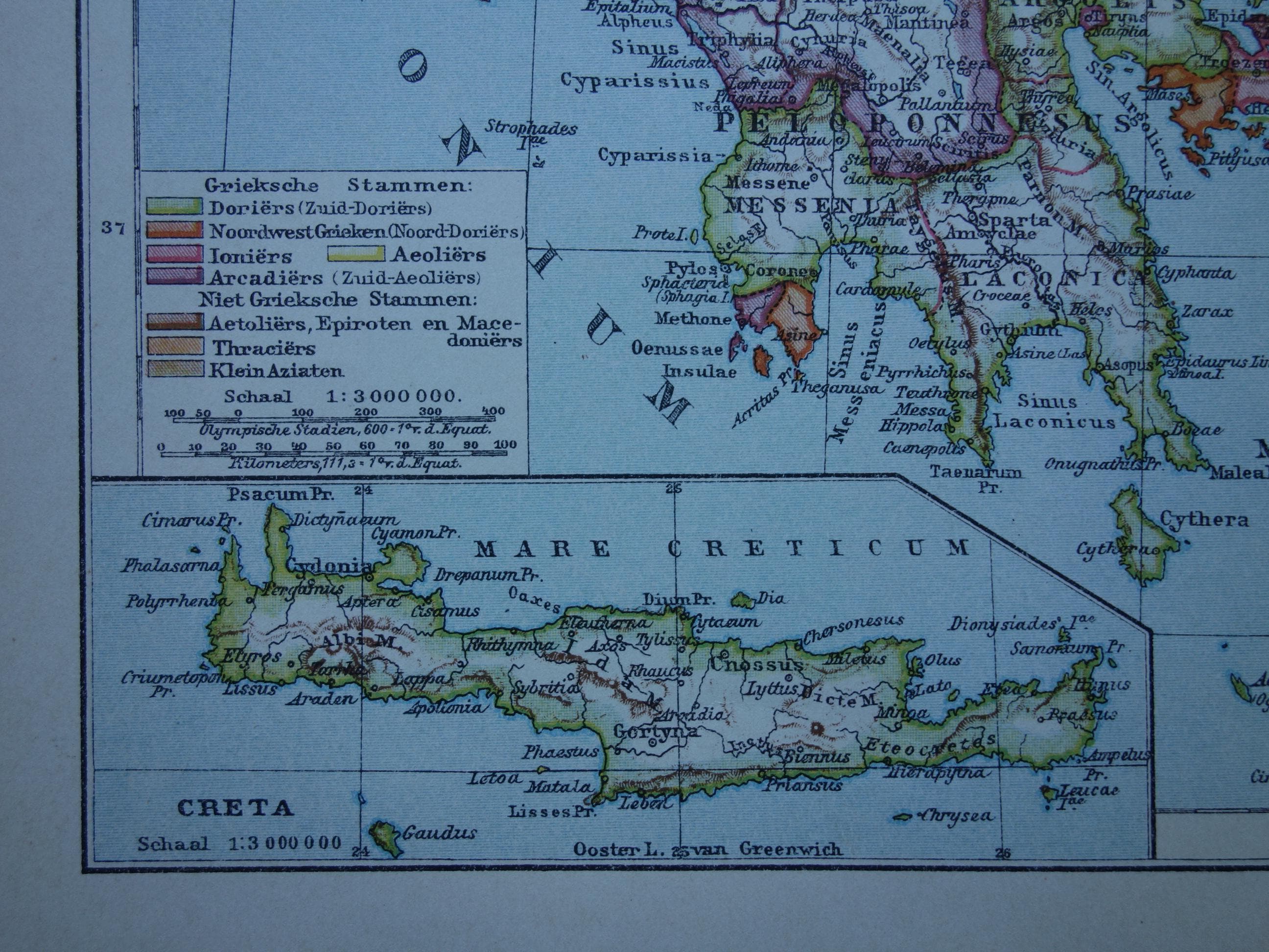1917 GREECE Old Map of Greece in Antiquity - Original Detailed Dutch ...