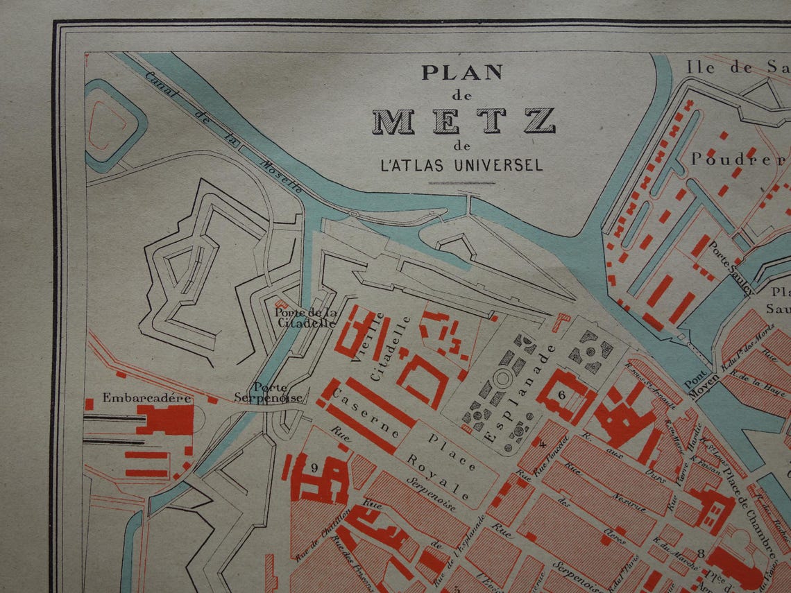 METZ Old Map Original 1877 Antique French Print of Metz France Vintage ...