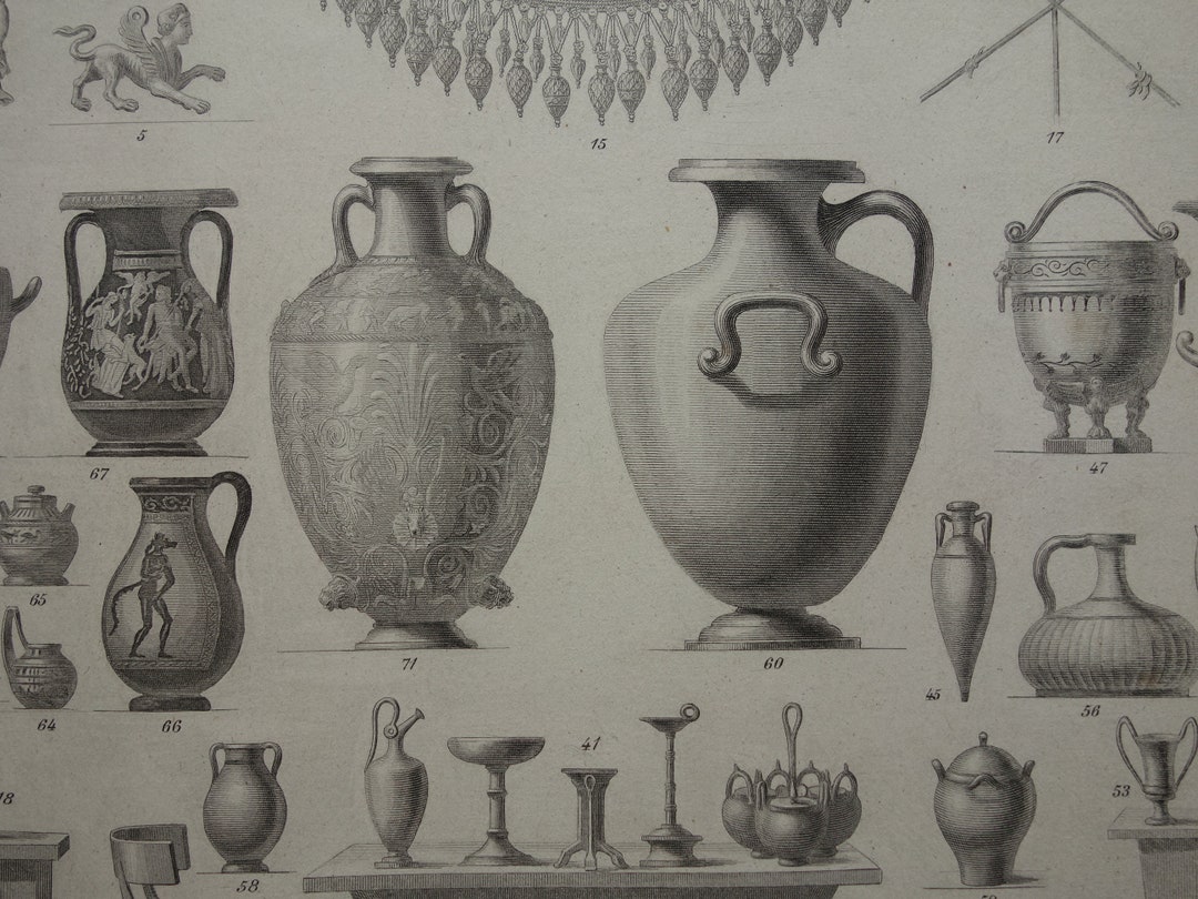 Old Print of Ancient Greek Vases Utensils 1870 Original Antique ...