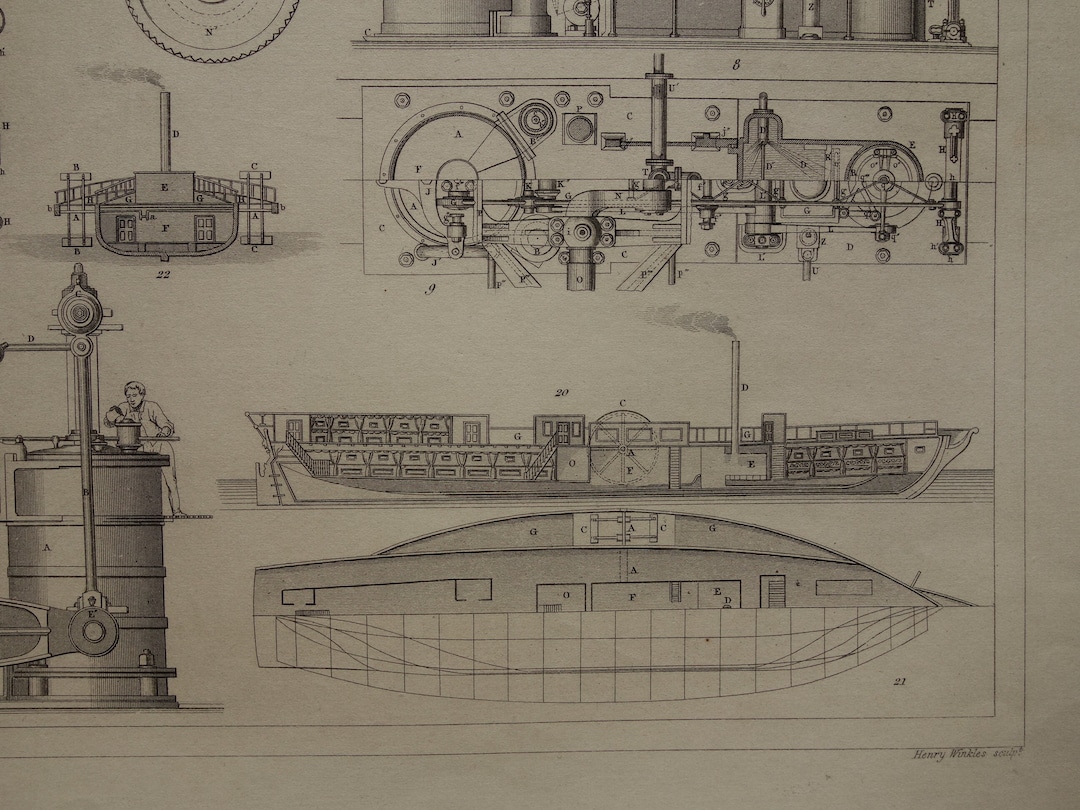 1849 SHIPS Old Print of Marine Steam Engine Antique Maritime Poster ...